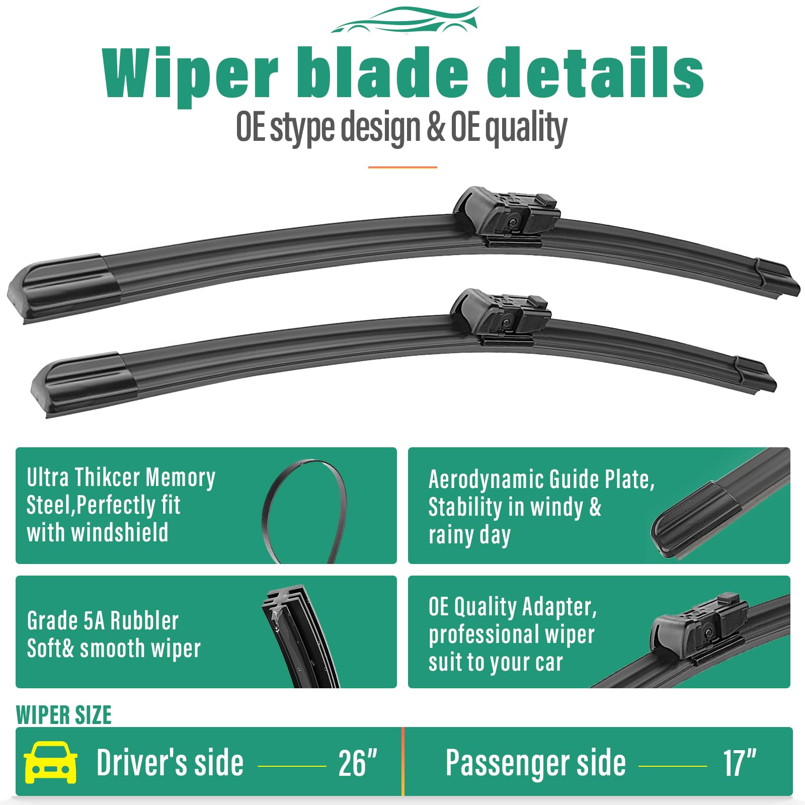 26" 17" 12" Windshield Wiper Blades Replacement for Cadillac SRX 2010 2011 2012 2013 2014 2015 2016 Premium All Weather Front Rear Wipers Set - OEM Quality (Pack of 3)