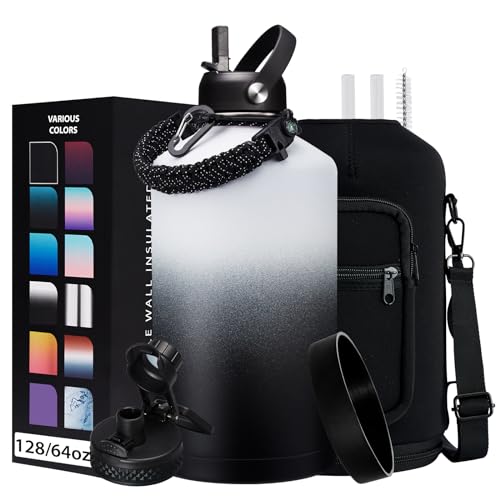 DIGJUPER Insulated Water-Jug Gallon Water Bottles - with Straw & Spout Lids, Paracord Handle & Bottle Carrier, 128OZ Metal Gallon Water Bottle Large, Vacuum Thermo Jug Stainless Steel Water Flask Jug