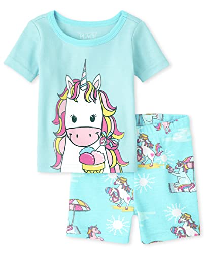 The Children's Place baby girls The Children's Place Toddler Unicorn Short Sleeve Top and Shorts Snug Fit 100% Cotton 2 Pajama Set, Unicorn Ice Cream, 6-9 Months US
