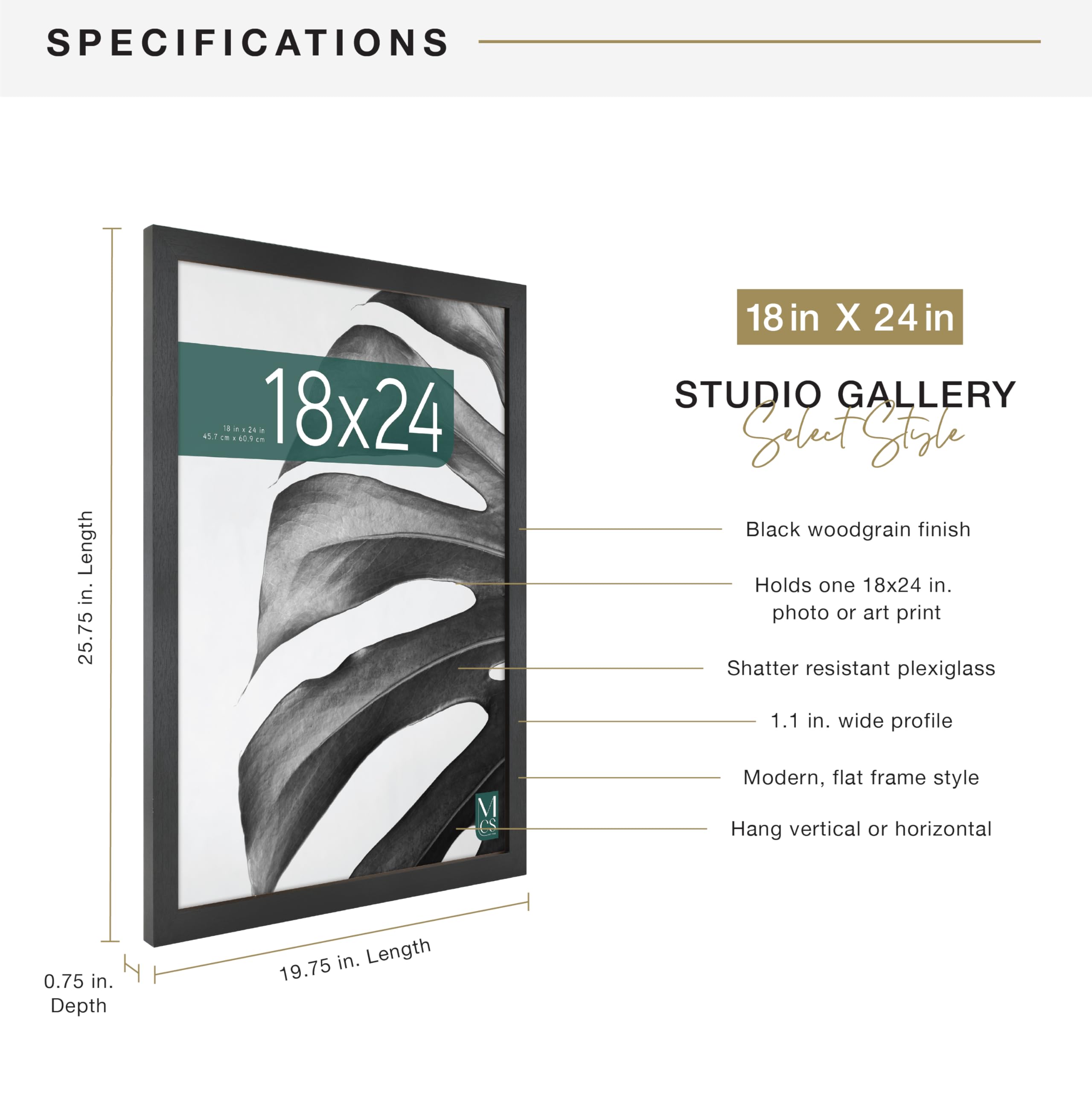 MCS Studio Gallery 18x24 Poster Frame Black Woodgrain, Vertical & Horizontal Wall Hanging Large Picture Frame for Photos, Posters & Art Prints (1-Pack)