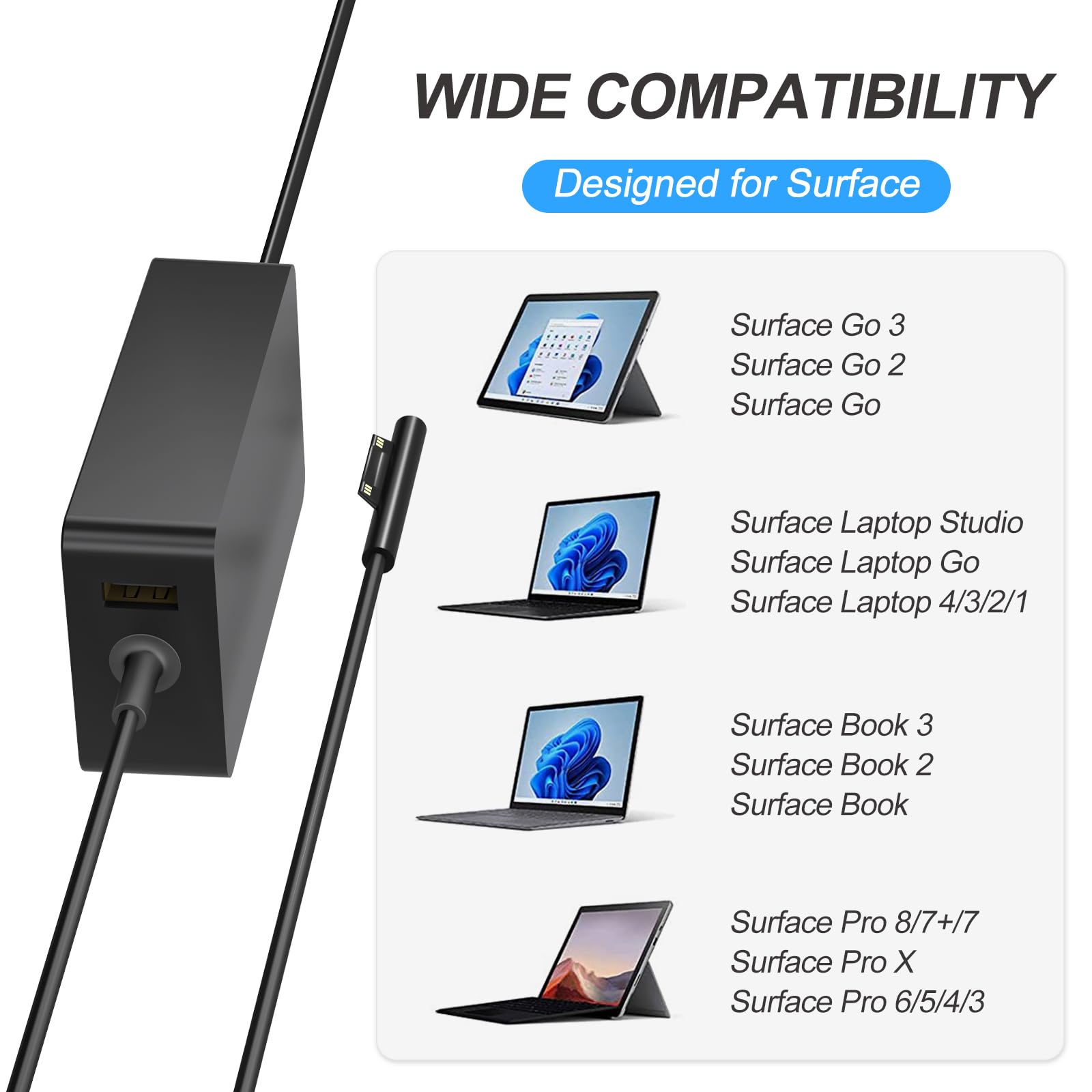 65W Surface Pro Laptop Charger-Microsoft Surface Pro Charger for Windows Surface Laptop 6,5,4,3,2,1,Microsoft Surface Pro10,9,8,7+,7,6,5,4,3,X,Surface Book3,2,1,Surface Go Tablet,Support 44W,36W, 10FT