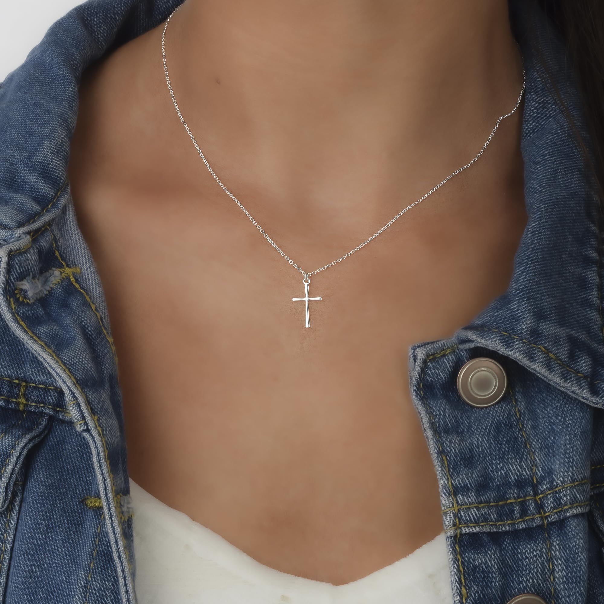 Annika Bella Small Cross Necklace, 925 Sterling Silver Faith Jewelry, Religious Tiny Pendant Charm Necklaces, Gift for Her (Silver)