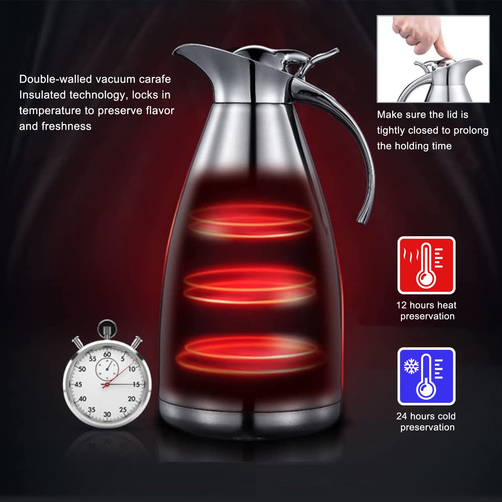 Sumerflos 68 Oz Stainless Steel Coffee Thermal Carafe/Double Walled Vacuum Thermos Insulated / 12 Hour Heat Retention / 2 Liters (Silver)