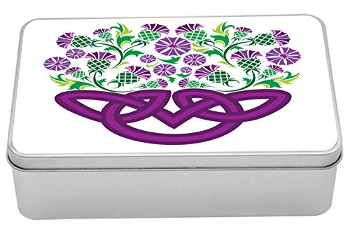 Ambesonne Thistle Tin Box, Celtic Knot and Thistle Plant in Basket Form with Flowers, Portable Rectangle Metal Organizer Storage Box with Lid, 7.2" X 4.7" X 2.2", Shamrock Green Violet and Purple