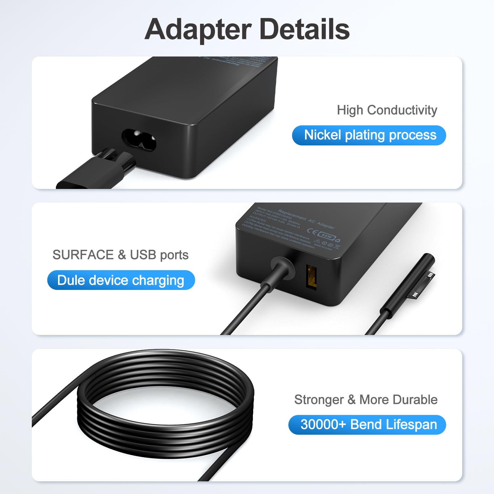 65W Surface Pro Laptop Charger-Microsoft Surface Pro Charger for Windows Surface Laptop 6,5,4,3,2,1,Microsoft Surface Pro10,9,8,7+,7,6,5,4,3,X,Surface Book3,2,1,Surface Go Tablet,Support 44W,36W, 10FT