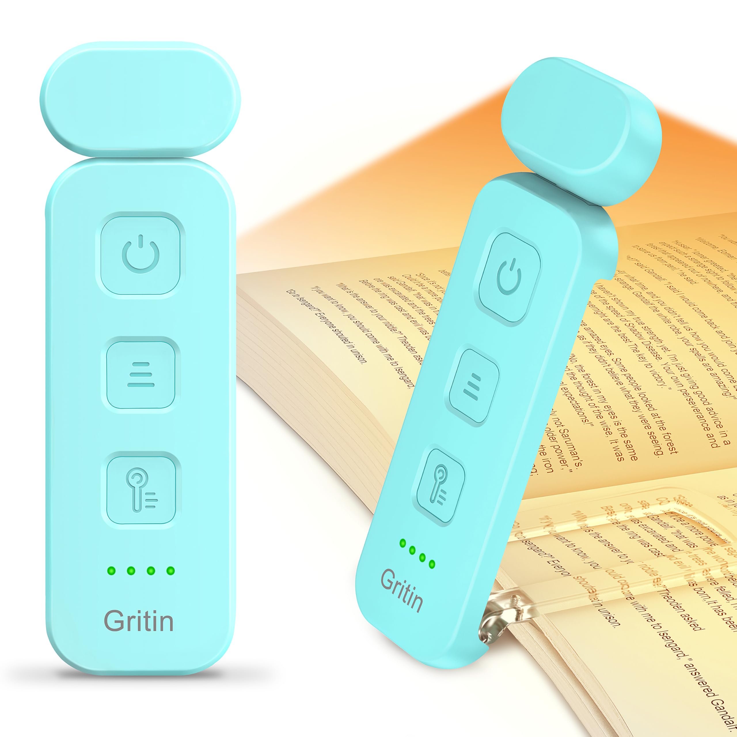 Gritin Reading Light, Rechargeable Book Light for Reading in Bed - Eye Caring 3 Color Temperatures, 5-Level Dimmable Brightness, Long Lasting, Compact Size Clip on Book Lamp for Bookworms-Blue