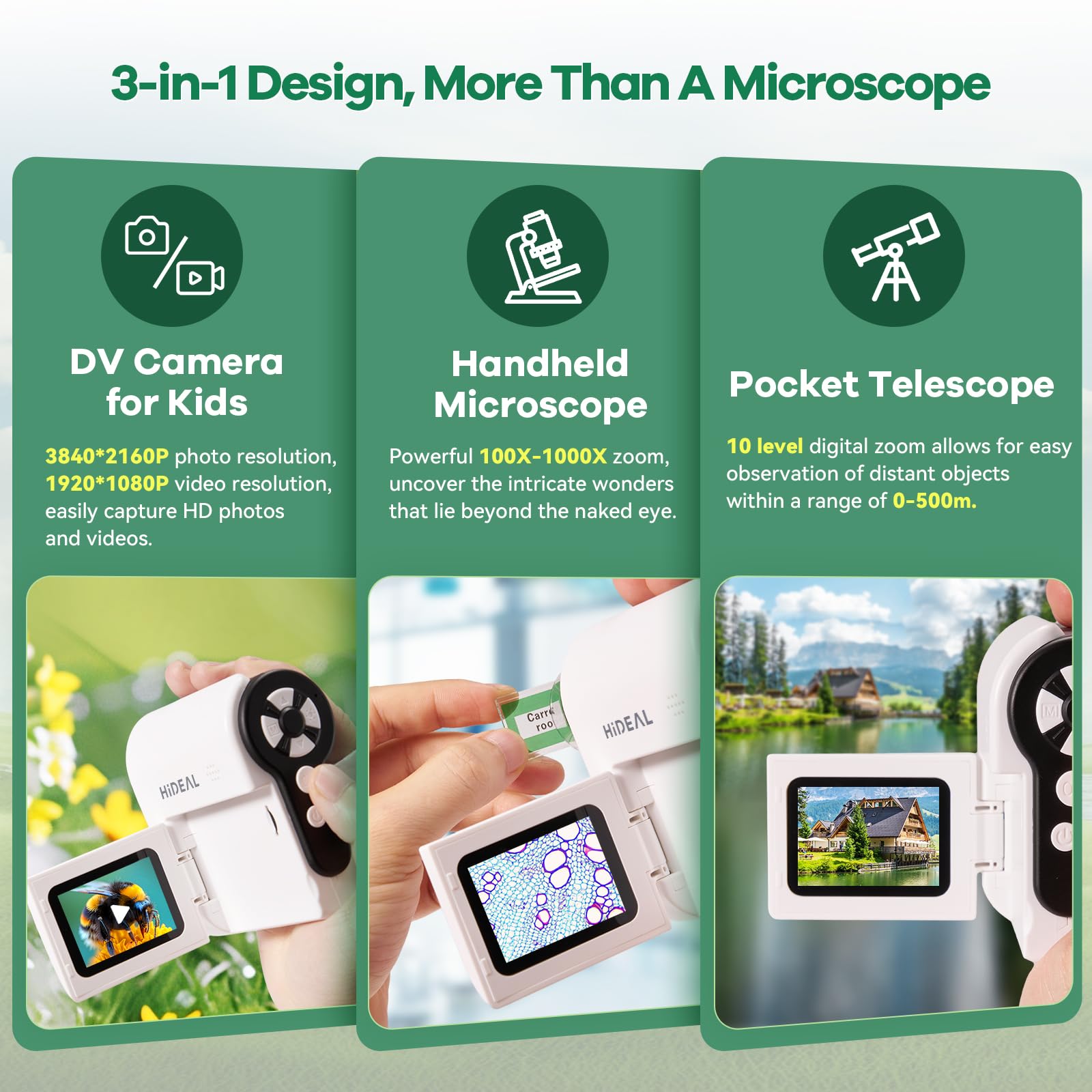 Hideal HP20 Microscope for Kids [3-in-1] [Easy and Fun] 2" IPS Portable Handheld Microscope Miniscope, Pocket Mini Scope Educational Science Kit, Birthday Easter Gifts for Kids, 32GB, White