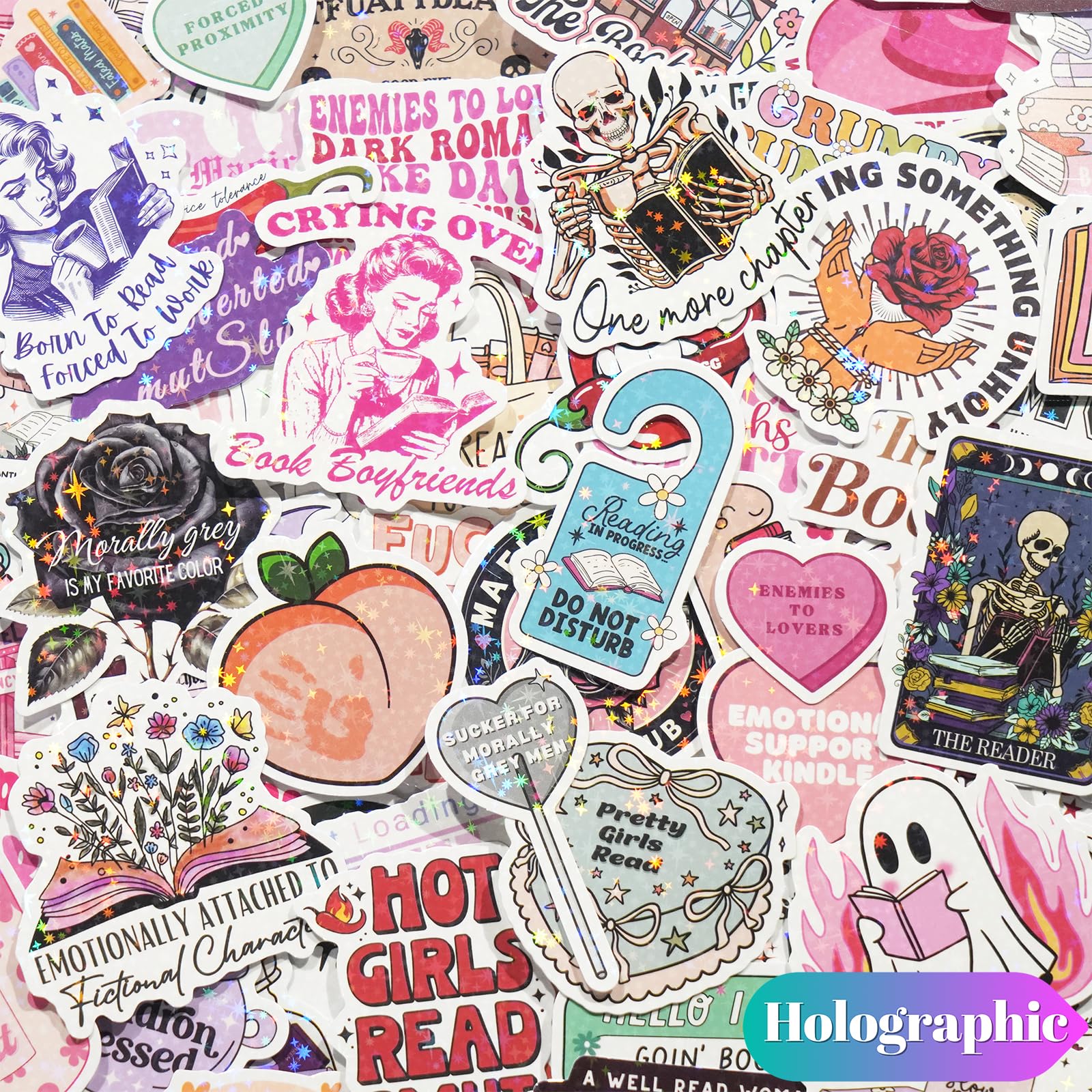 150 PCS Romance Book Stickers for Kindle, Holographic Bookish Sticker Pack Reading Booktok Glitter Vinyl Decals for Laptop Ebook Readers Water Bottles Journal Scrapbook Waterproof