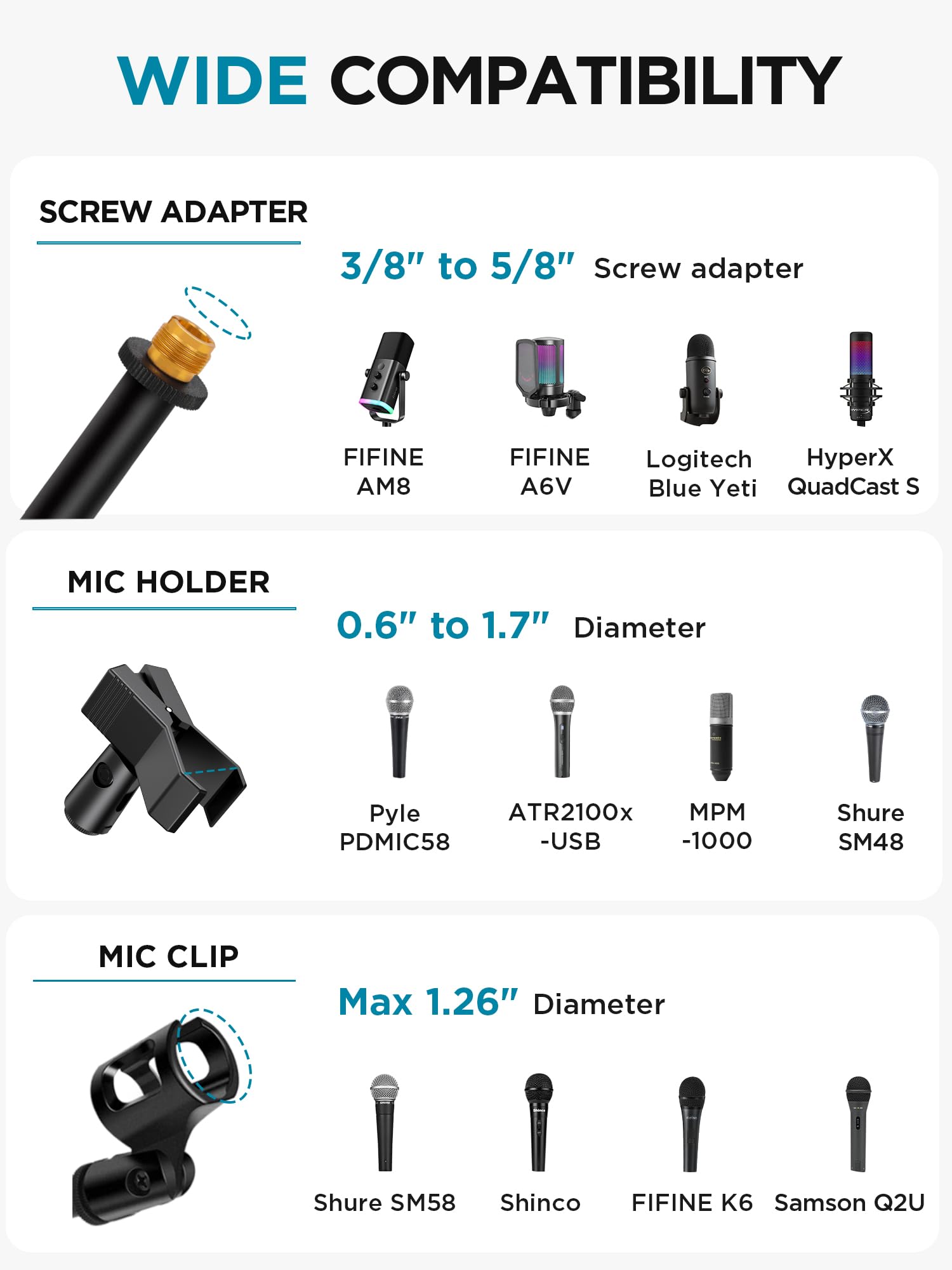 InnoGear Microphone Stand, Tripod Boom Arm Floor Mic Stand Height Adjustable Heavy Duty with Carrying Bag 2 Mic Clips 3/8" to 5/8" Adapter for Singing Podcast for Blue Yeti Shure SM58 SM48 Samson Q2U