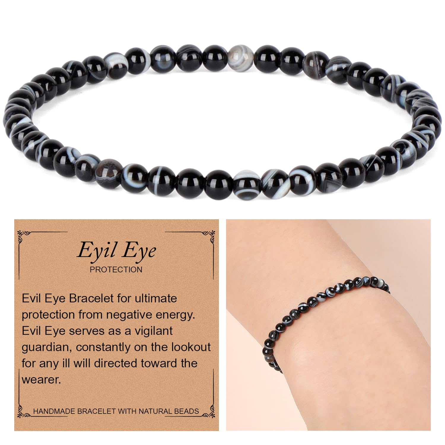 QOGIR Evil Eye Agate Bracelet - Ultimate Protection Bracelet for Women Men - Handmade Natural Gem Stone Beaded Stretch Elastic Healing Bracelets 4mm