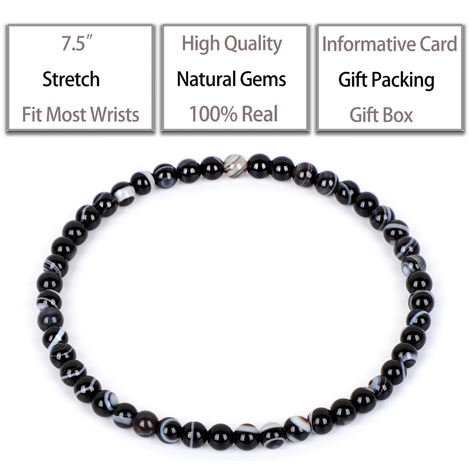 QOGIR Evil Eye Agate Bracelet - Ultimate Protection Bracelet for Women Men - Handmade Natural Gem Stone Beaded Stretch Elastic Healing Bracelets 4mm