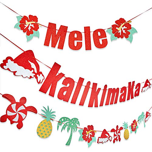 3 Pieces Mele Kalikimaka Banner Hawaiian Christmas Garland Glittering Winter Holiday Party Banner Decor Supplies Mantle Family Home Pre-Strung Decor