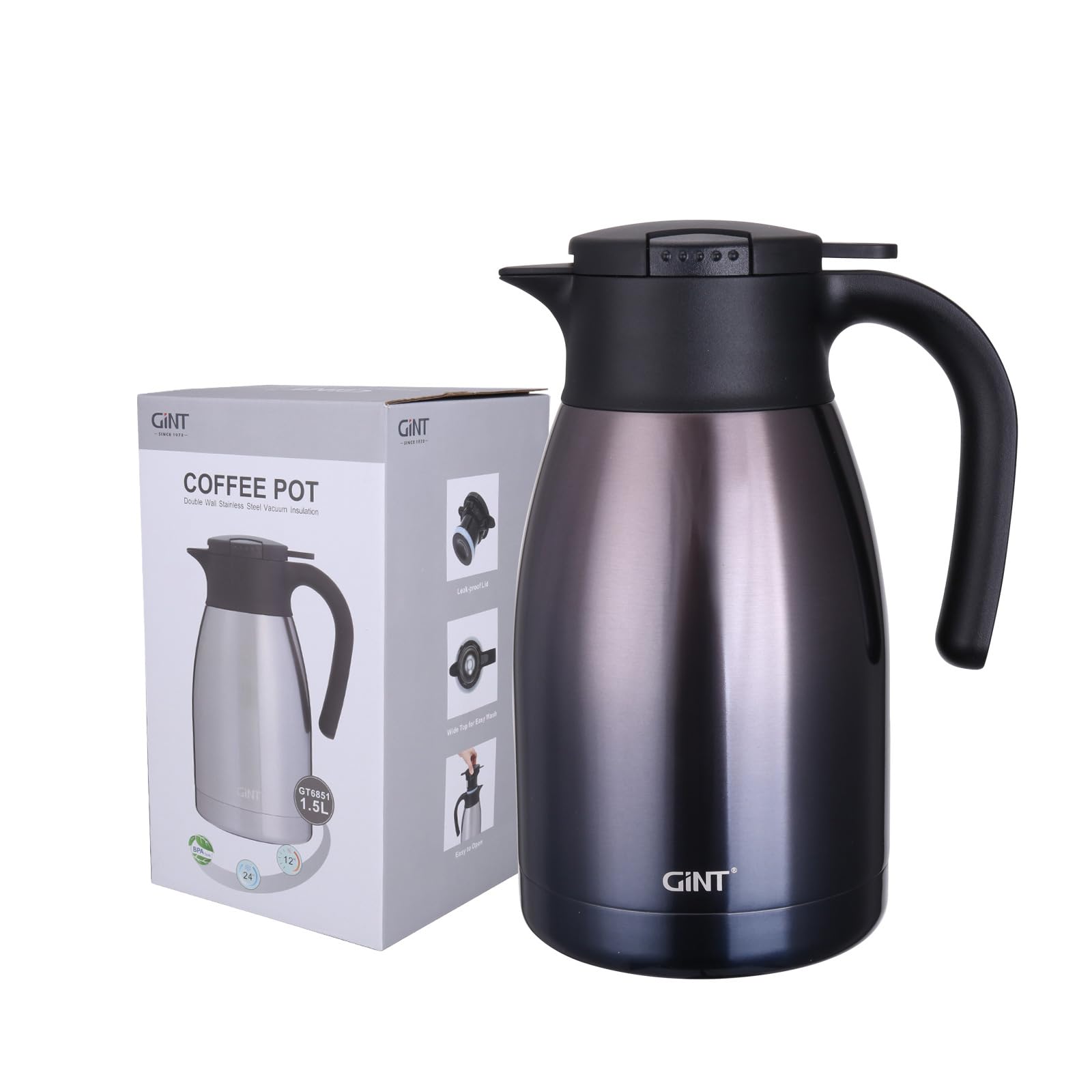 GiNT 51Oz Stainless Steel Thermal Coffee Carafe with Lid/Double Walled Vacuum Thermos / 12 Hour Heat Retention (Purple, 1.5L)