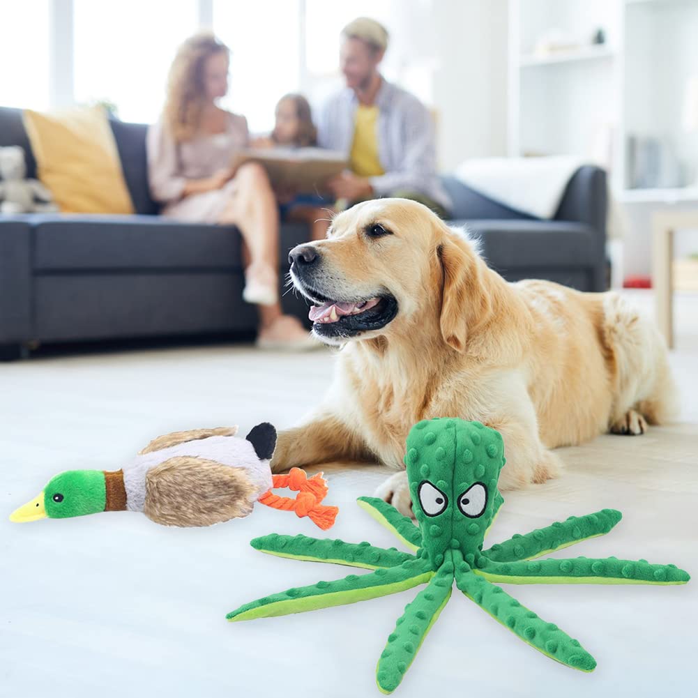 oAutoSjy 2pcs Plush Squeaky Dog Toy No Stuffing Octopus Duck Pet Toy for Small Medium and Large Dogs Crinkle Dog Toy Indoor Pet Interactive Toy Chew Toy for Biting Training Puppy Teething,Orange