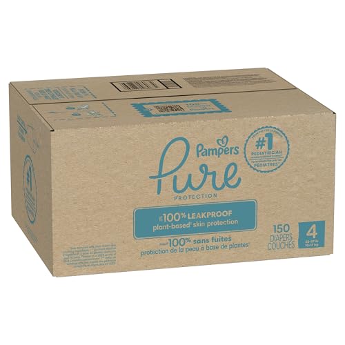 Pampers Baby Diapers - Pure Protection - Size 4, 150 Count, for up to 100% Leakproof, Premium Plant-based Skin Protection