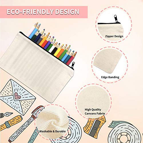 12 pack canvas pencil bag, blank plastic bag, DIY crafts, cotton cosmetic bag, multi-purpose travel cosmetic bag, black zipper in bulk 8 x 5 inches