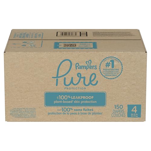 Pampers Baby Diapers - Pure Protection - Size 4, 150 Count, for up to 100% Leakproof, Premium Plant-based Skin Protection