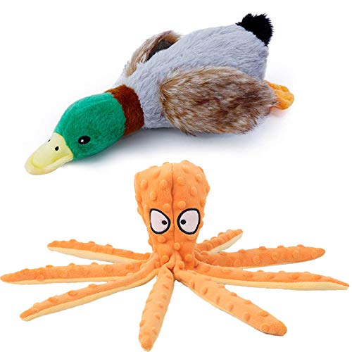 oAutoSjy 2pcs Plush Squeaky Dog Toy No Stuffing Octopus Duck Pet Toy for Small Medium and Large Dogs Crinkle Dog Toy Indoor Pet Interactive Toy Chew Toy for Biting Training Puppy Teething,Orange