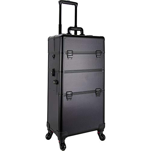 Ver Beauty 3-in-1 Professional 4 Removable Wheels Rolling Aluminum Art Craft Supplies Makeup Tattoo Artist Tool Case Organizer Easy-Slide Extendable Trays with Dividers Mirror, Black Dot