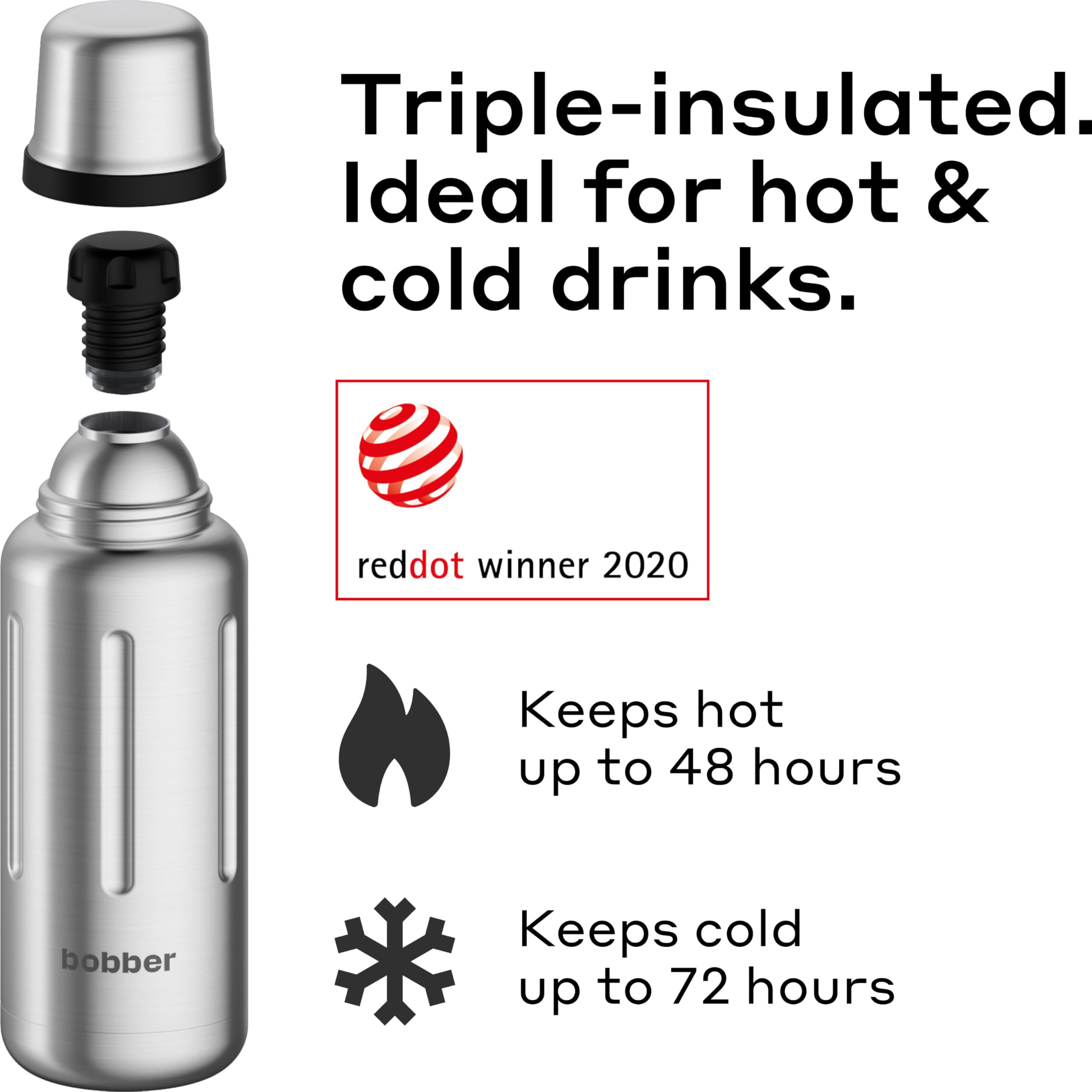 Bobber - 34 oz Vacuum Insulated Stainless Steel Water Bottle with Cup Lid - Dishwasher Safe - Keeps Drinks Hot for 48 Hours and Cold for 72 Hours - Triple Walled Thermo Flask (Matte)