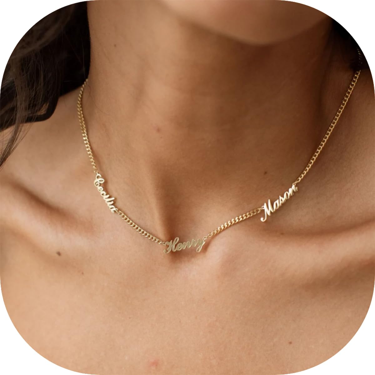 Personalized Name Necklace with Curb Chain, 18K Gold Plated Handmade Custom Family Choker Customized Child Nameplate Necklace Mother's Day Jewelry Gift for Mom, Wife (3 Names Necklace)
