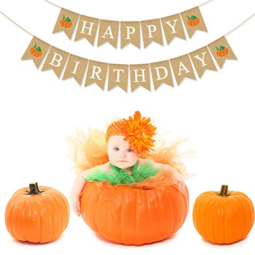Rainlemon Jute Burlap Happy Birthday Banner with Pumpkin Rustic Fall Autumn Birthday Party Garland Decoration