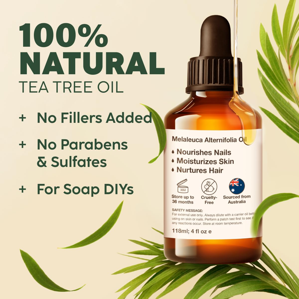 Kukka Tea Tree Oil for Skin, Hair & Toenails - 4 Fl Oz - 100% Pure Natural Tea Tree Essential Oil Made from Australian Melaleuca for Potency - Used in General Wellness, Aromatherapy & DIY Soap Making