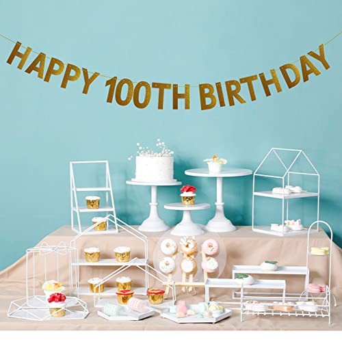 HAPPY 100TH BIRTHDAY Banner,Pre-strung,No Assembly Required,100th Birthday Party Decorations Supplies,Gold Glitter Paper Garlands Backdrops, Letters Gold Betteryanzi