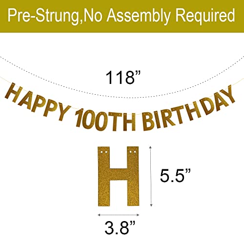 HAPPY 100TH BIRTHDAY Banner,Pre-strung,No Assembly Required,100th Birthday Party Decorations Supplies,Gold Glitter Paper Garlands Backdrops, Letters Gold Betteryanzi