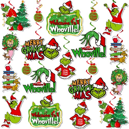 36 Pcs Whoville Christmas Decorations Hanging Swirls,NO-DIY Whoville Decorations Green Monster Christmas Decorations, Welcome to Whoville Hanging Decorations for Green Monster Party Decorations