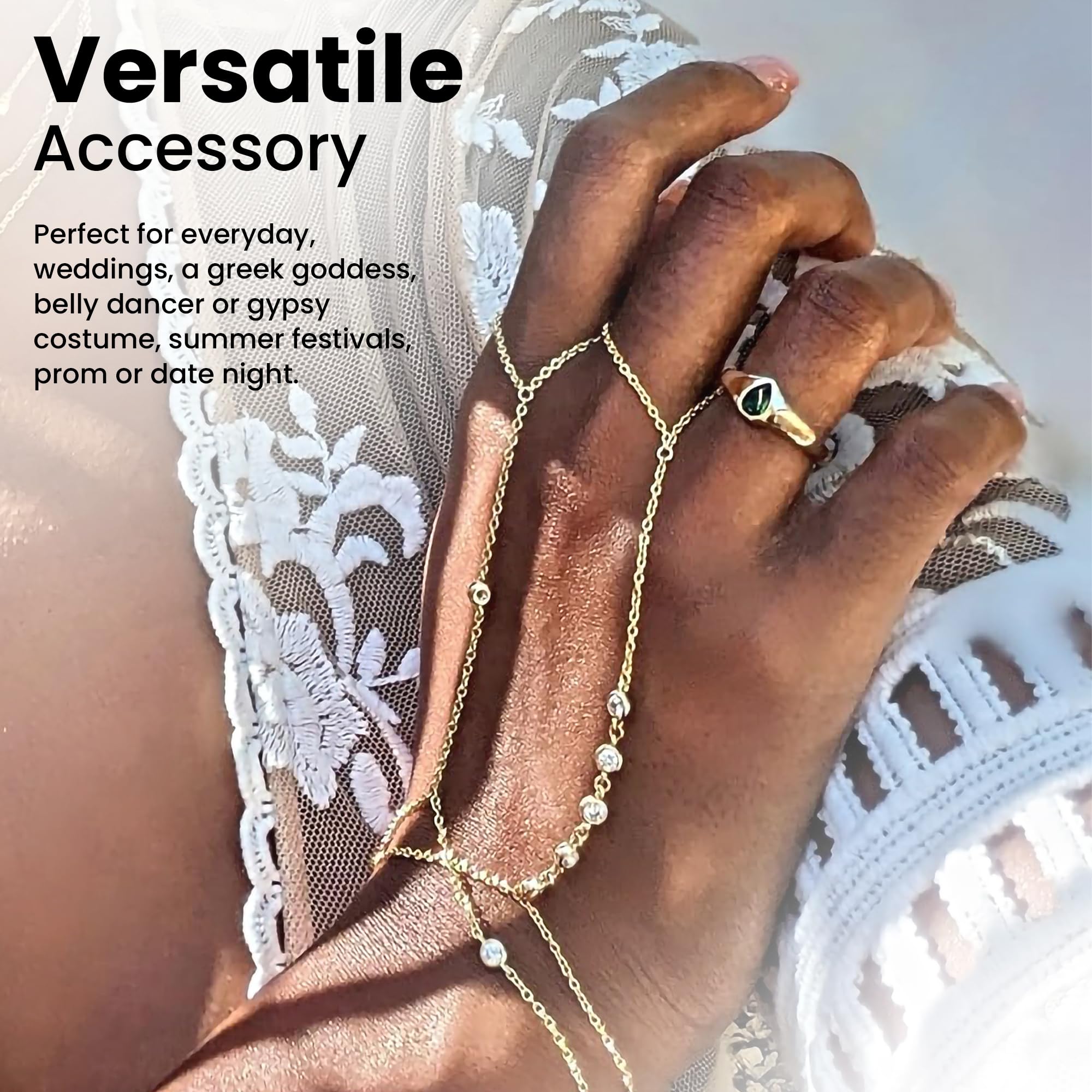 Faire de la Mode 5 CZ Diamond Gold Bracelet Ring Hand Chain for 4-9 Ring Sizes β Non-Tarnish 14k Gold Hand Chain Bracelet for Women β 6" to 8" Adjustable Length