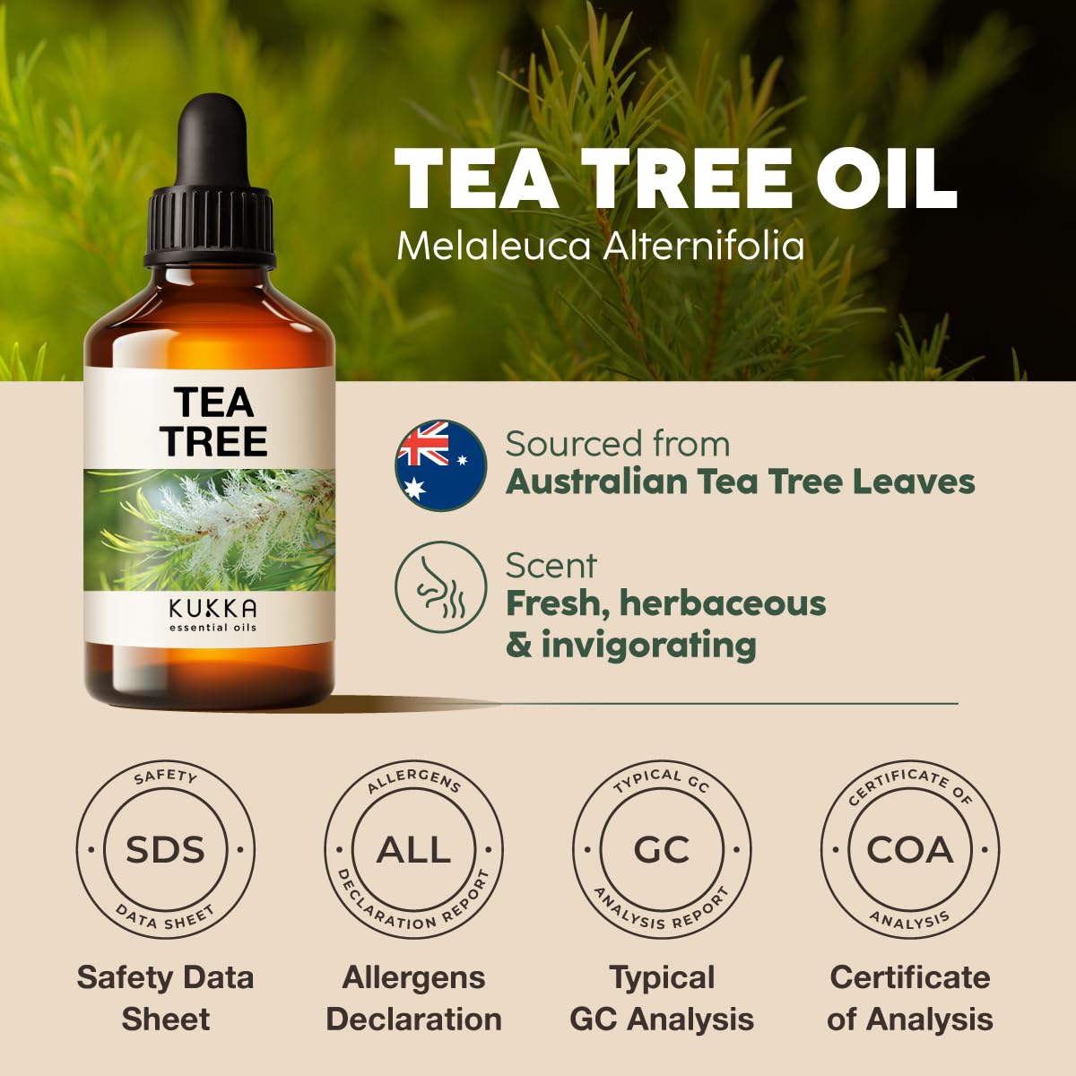Kukka Tea Tree Oil for Skin, Hair & Toenails - 4 Fl Oz - 100% Pure Natural Tea Tree Essential Oil Made from Australian Melaleuca for Potency - Used in General Wellness, Aromatherapy & DIY Soap Making