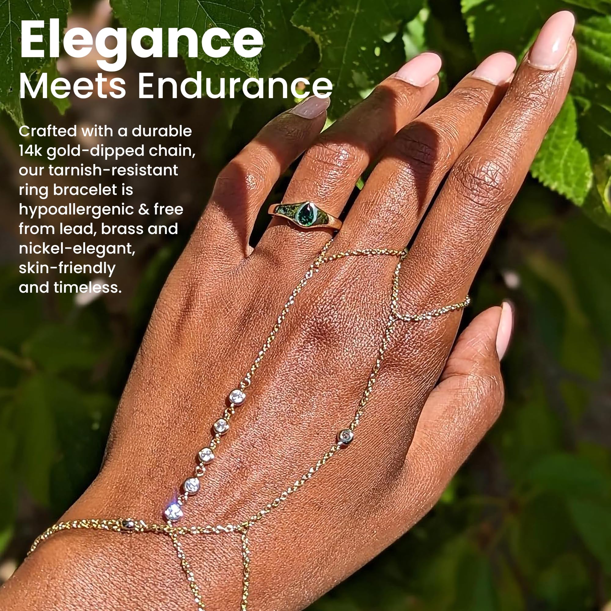 Faire de la Mode 5 CZ Diamond Gold Bracelet Ring Hand Chain for 4-9 Ring Sizes β Non-Tarnish 14k Gold Hand Chain Bracelet for Women β 6" to 8" Adjustable Length