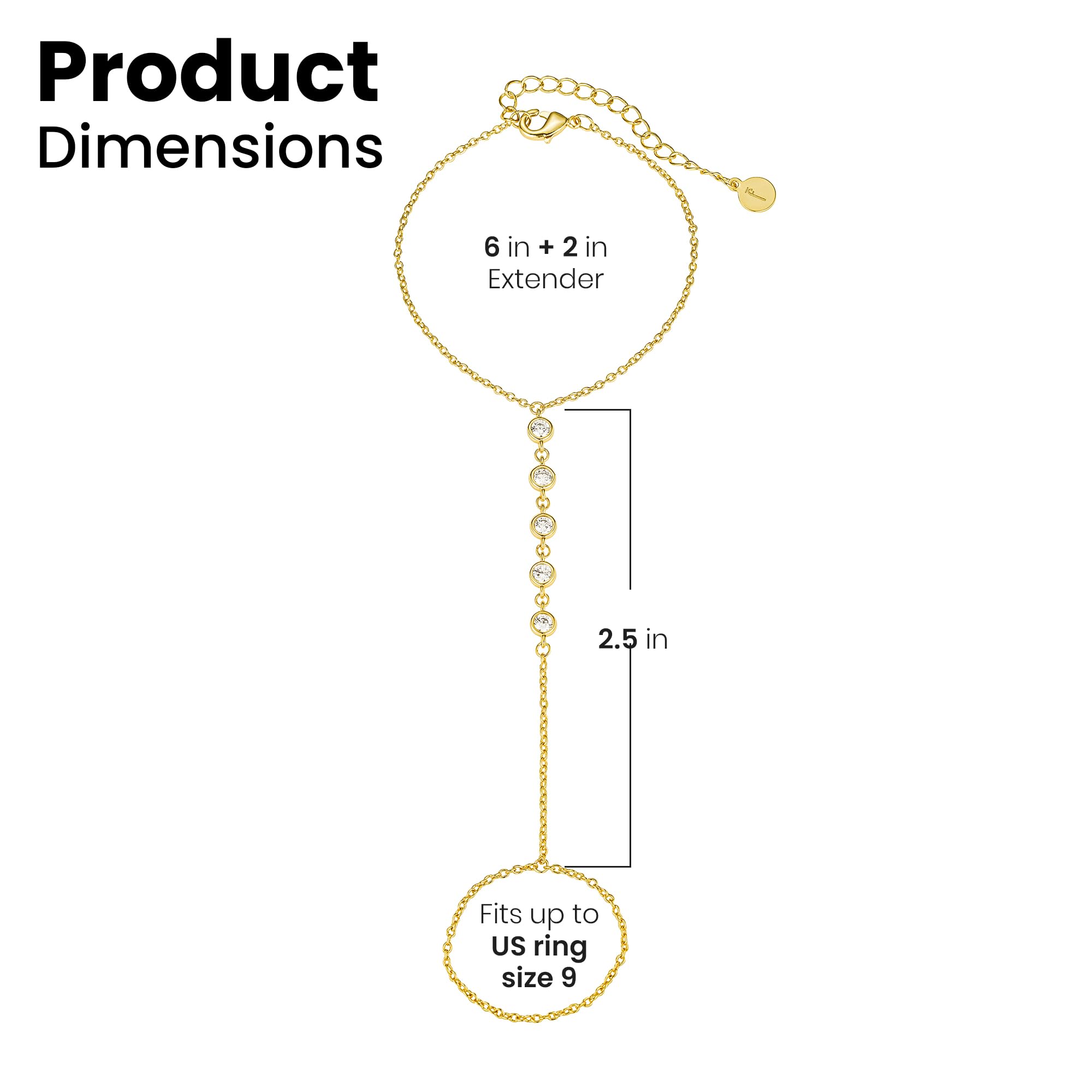Faire de la Mode 5 CZ Diamond Gold Bracelet Ring Hand Chain for 4-9 Ring Sizes β Non-Tarnish 14k Gold Hand Chain Bracelet for Women β 6" to 8" Adjustable Length
