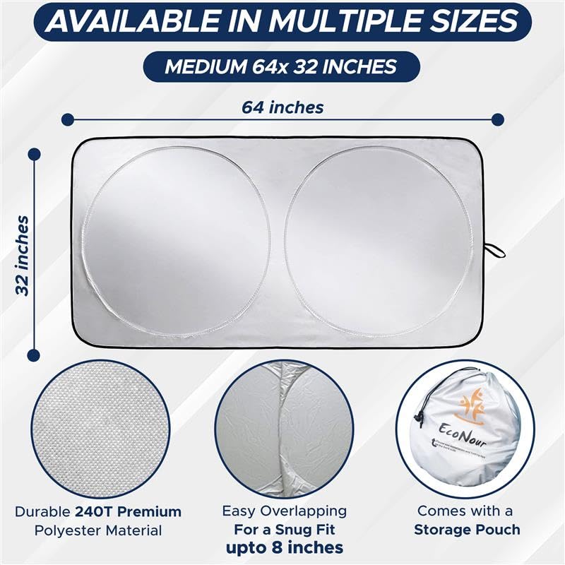 EcoNour Car Windshield Sun Shade | Reflective Sunshade for Ultimate Protection | Overlapping Design | 240T Polyester | Fits Small Sedans, Mini SUVs, Hatchbacks | Medium (64x32 inches)
