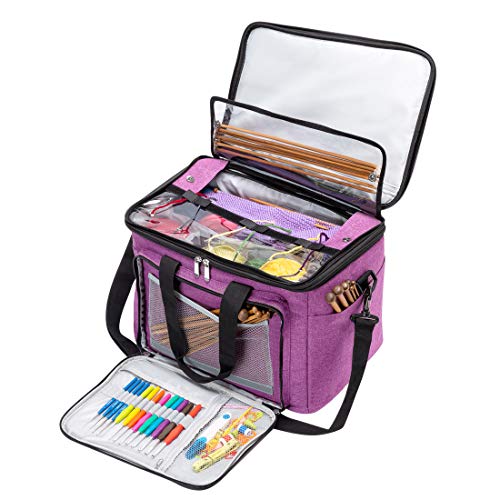 BENGDA Knitting Bags and Totes,Crochet Yarn Organizer with Inner Divider for Knitting Needles,Project and Supplies,Easy to Carry, High Capacity (Purple with Cover)