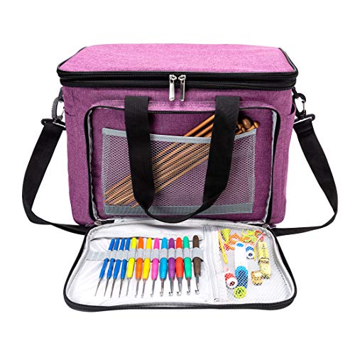BENGDA Knitting Bags and Totes,Crochet Yarn Organizer with Inner Divider for Knitting Needles,Project and Supplies,Easy to Carry, High Capacity (Purple with Cover)