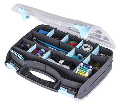 ArtBin 6877AG Double-Sided Quick View Carrying Case, Portable Art & Craft Organizer with Removable Dividers, [1] Plastic Storage Case, Black/Aqua with Clear Lid