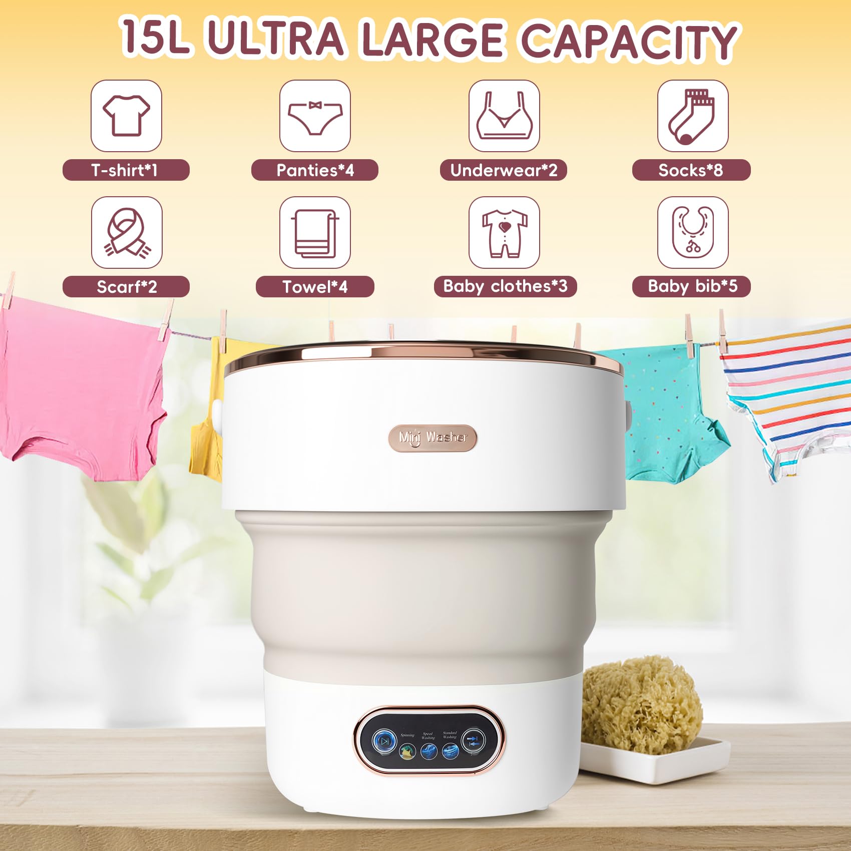 Portable Washing Machine 15L, Mini Washer with 4 Modes and Spin Basket, Large Capacity Laundry Washer Deep Cleaning for Underwear,Baby Clothes, Foldable Washing Machine for Apartments,Camping,Travel