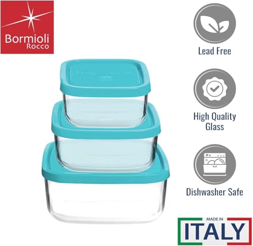 Bormioli Rocco Frigoverre Square Glass Food-Storage Containers with Lids, Set of 3, Clear