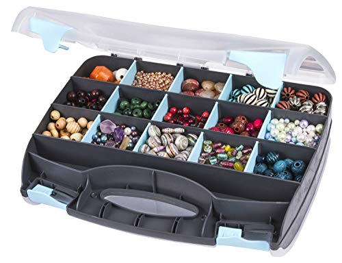 ArtBin 6877AG Double-Sided Quick View Carrying Case, Portable Art & Craft Organizer with Removable Dividers, [1] Plastic Storage Case, Black/Aqua with Clear Lid