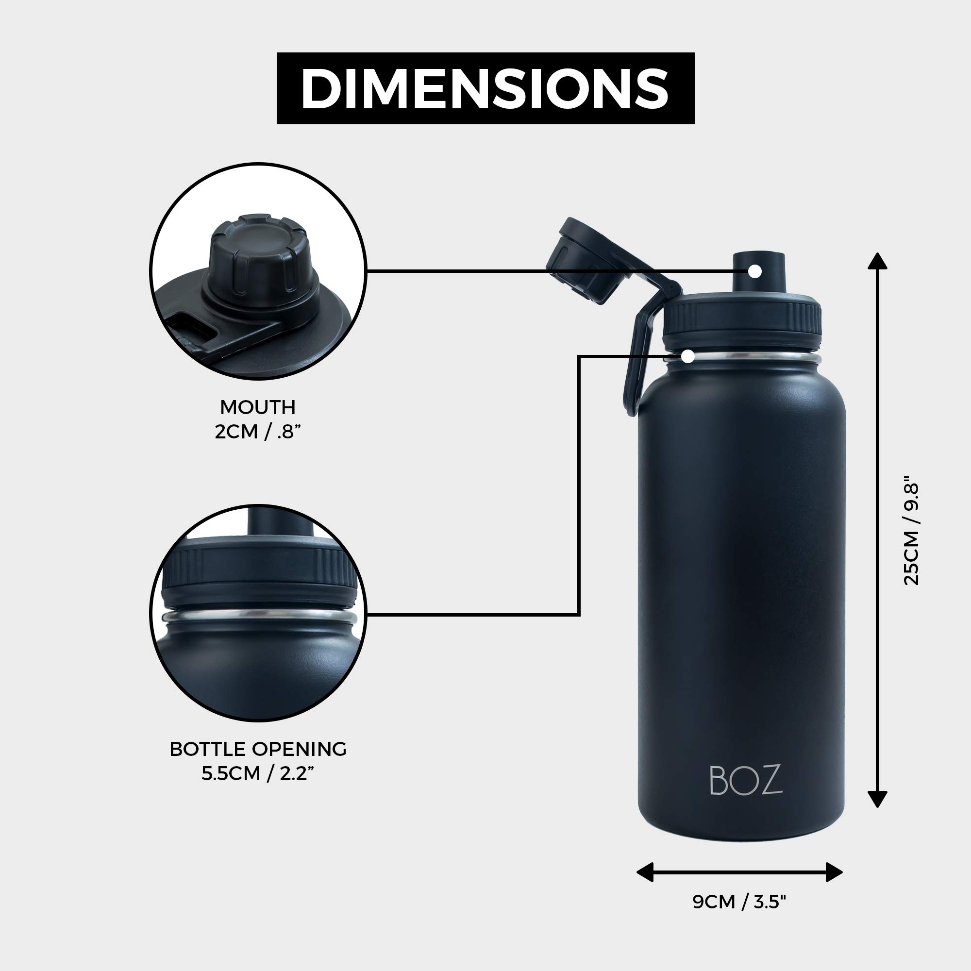 BOZ Stainless Steel Water Bottle XL (1 L / 32oz) Wide Mouth, BPA Free, Vacuum Double Wall Insulated (Matte Black)