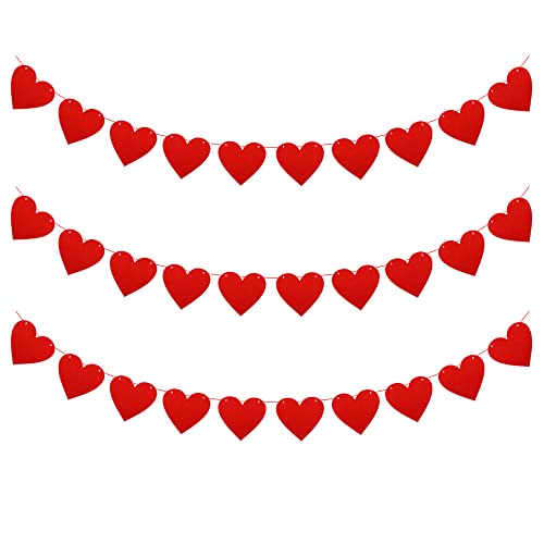 FAZHBARY 3 Pack Red Felt Heart Garland Heart Banner Valentines Day Banner for Wedding Anniversary Romantic Decorations