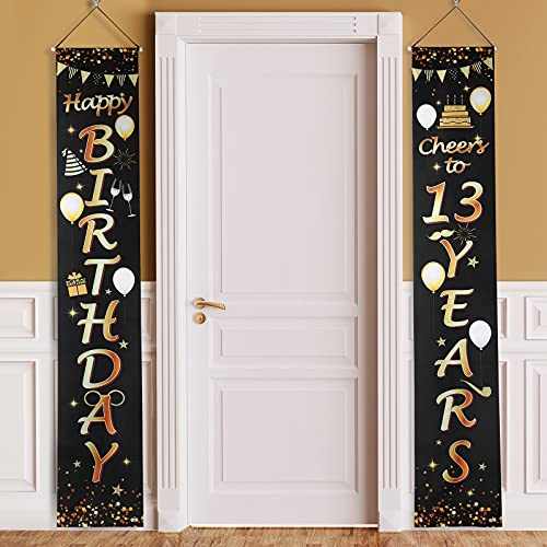 2 Pieces Happy 13th Birthday Door Banner Backdrop Decoration Cheers to 13th Birthday Black & Gold Hanging Porch Sign Happy Birthday Home Door Banner 13th Birthday Party Supplies, 71 x 12 Inch