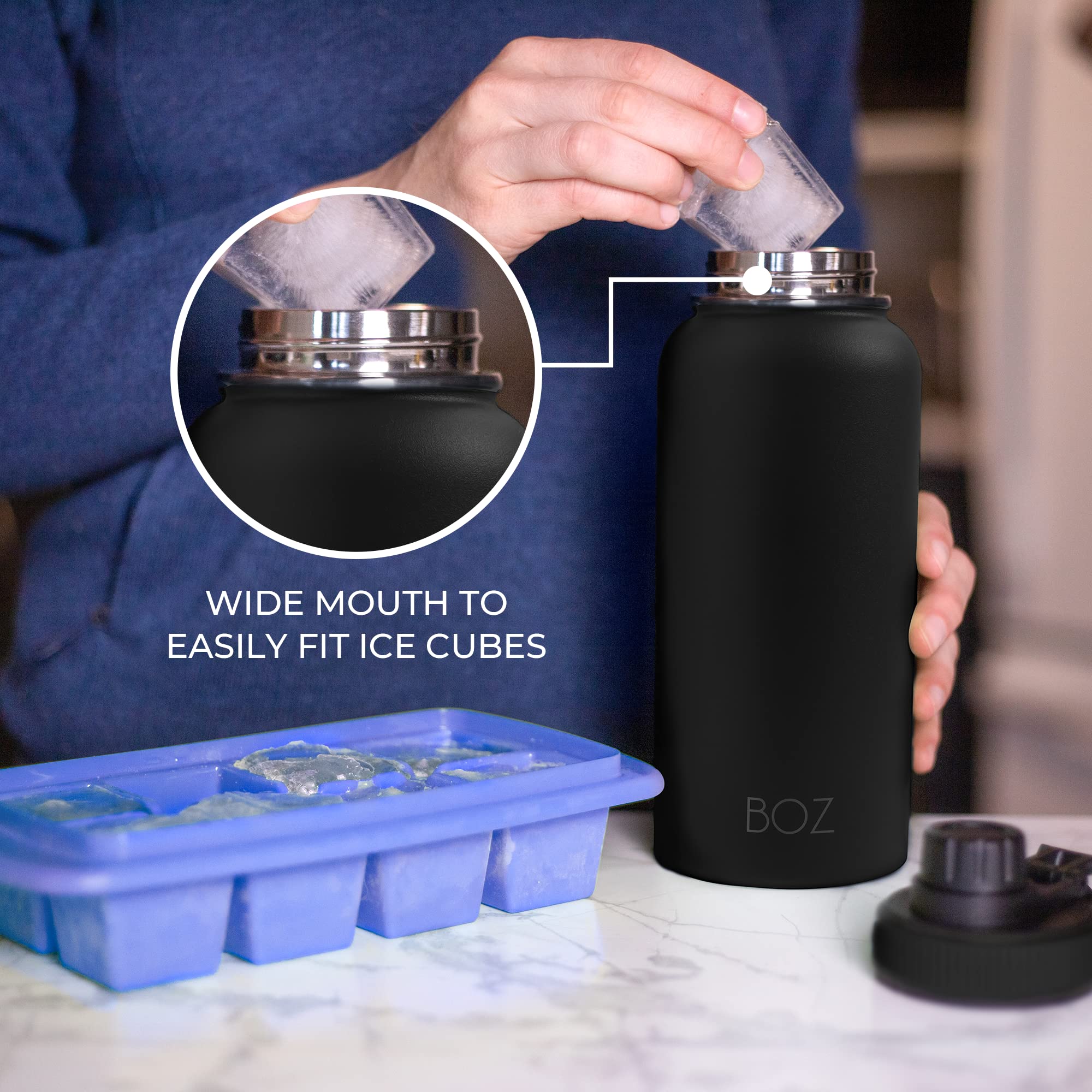 BOZ Stainless Steel Water Bottle XL (1 L / 32oz) Wide Mouth, BPA Free, Vacuum Double Wall Insulated (Matte Black)