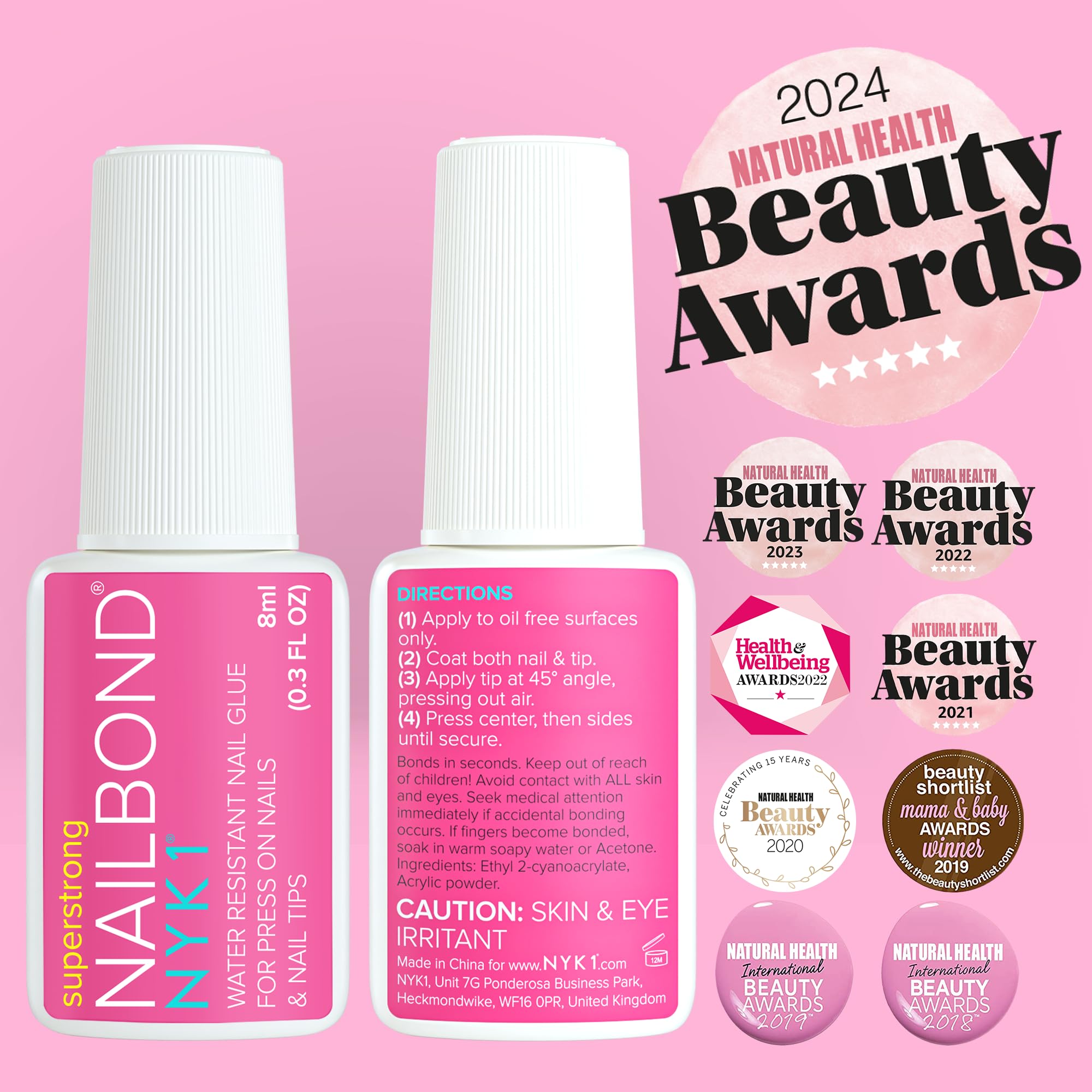 Super Strong Nail Glue for Press On Nails, Nail Tips & Acrylic Nails (8ml) NYK1 NailBond Brush On Glue for Press Ons, Fake Nails Tips & Acrylics - Long Lasting, Maximum Strength, Mess-Free Application