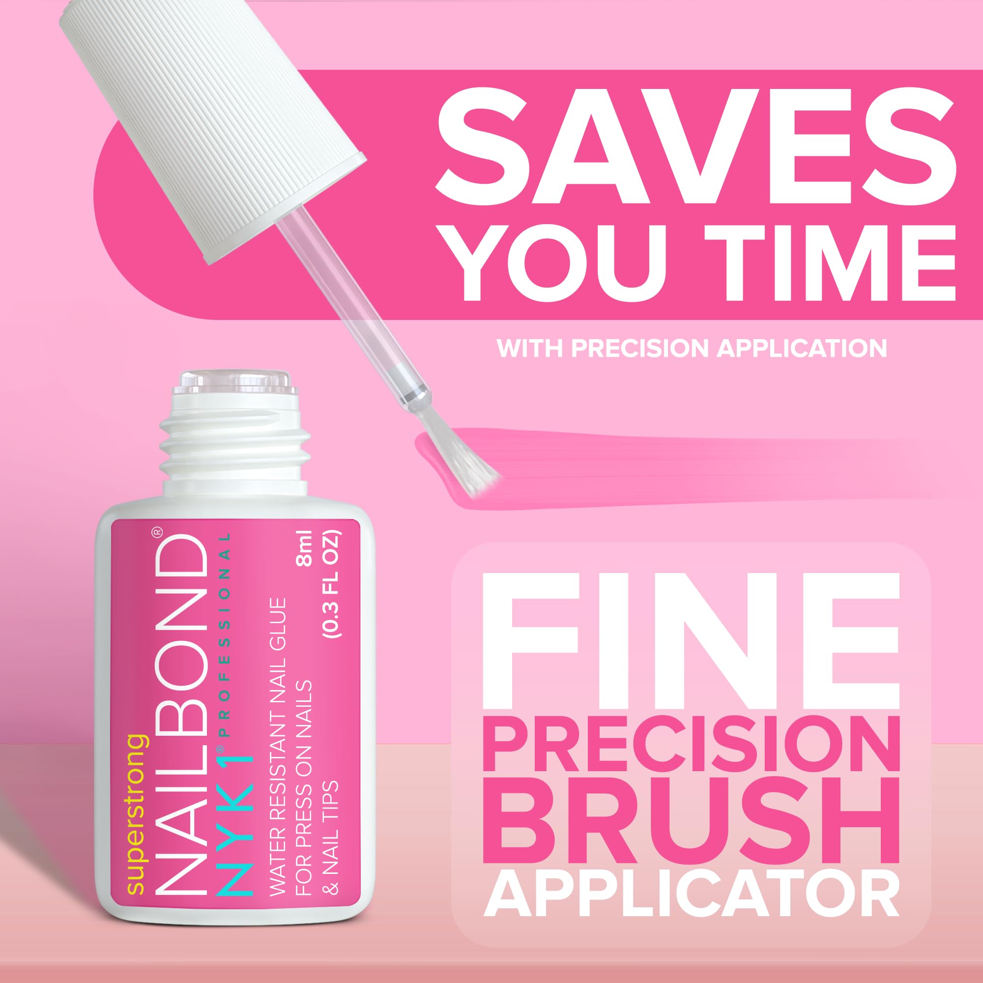 Super Strong Nail Glue for Press On Nails, Nail Tips & Acrylic Nails (8ml) NYK1 NailBond Brush On Glue for Press Ons, Fake Nails Tips & Acrylics - Long Lasting, Maximum Strength, Mess-Free Application