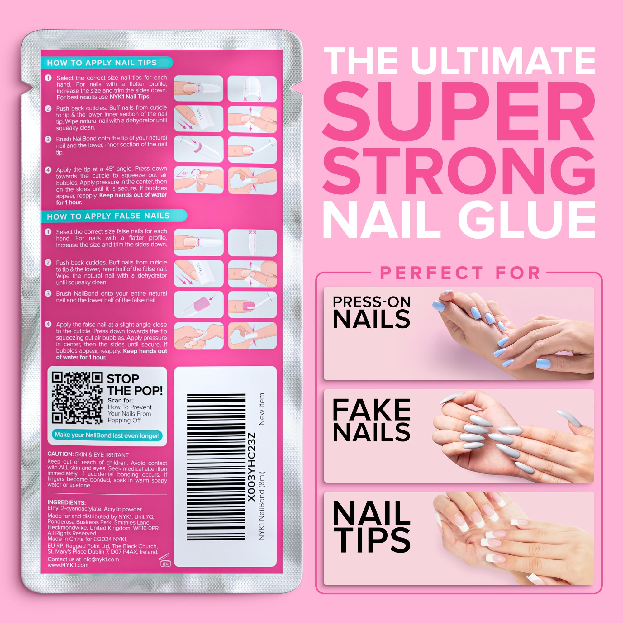 Super Strong Nail Glue for Press On Nails, Nail Tips & Acrylic Nails (8ml) NYK1 NailBond Brush On Glue for Press Ons, Fake Nails Tips & Acrylics - Long Lasting, Maximum Strength, Mess-Free Application