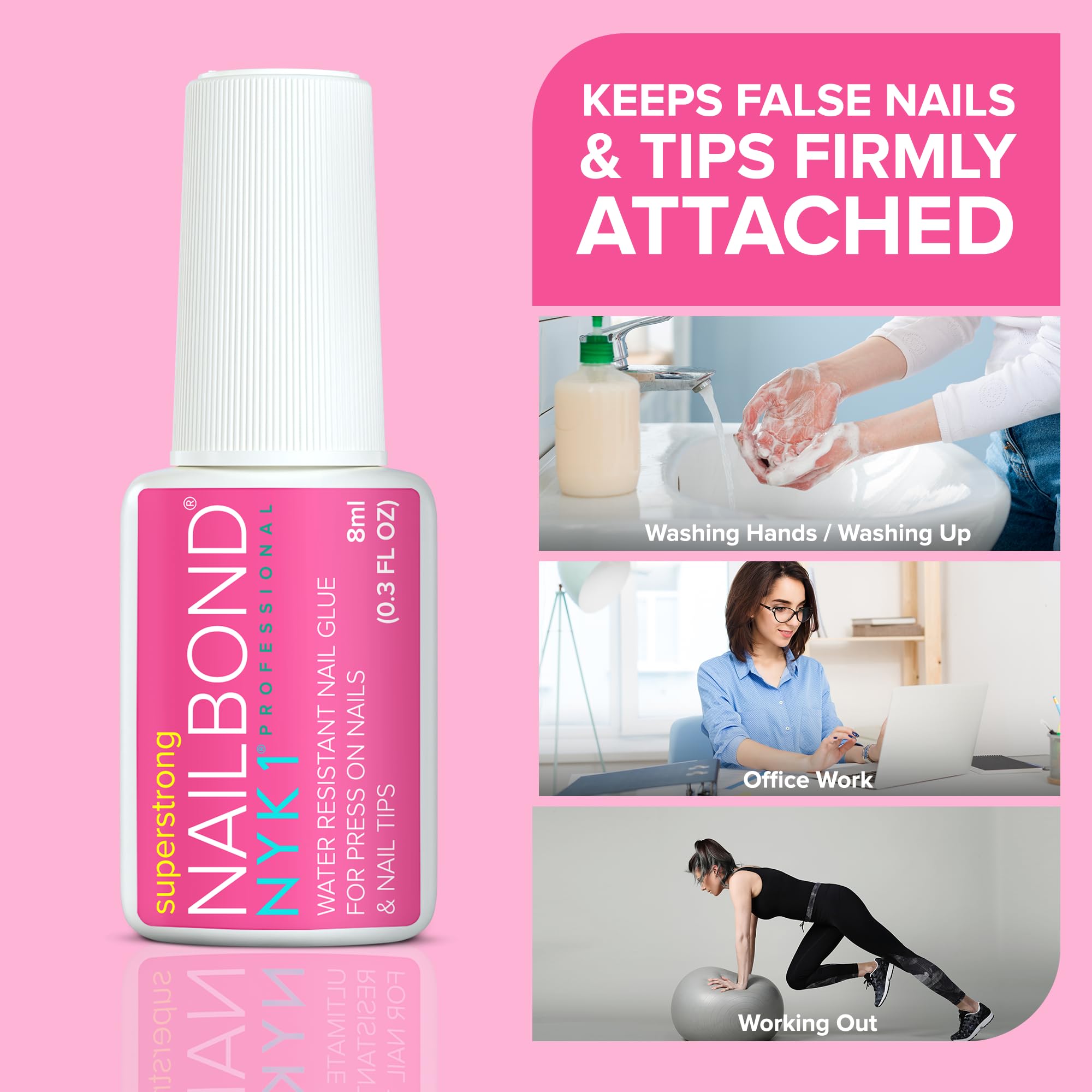 Super Strong Nail Glue for Press On Nails, Nail Tips & Acrylic Nails (8ml) NYK1 NailBond Brush On Glue for Press Ons, Fake Nails Tips & Acrylics - Long Lasting, Maximum Strength, Mess-Free Application