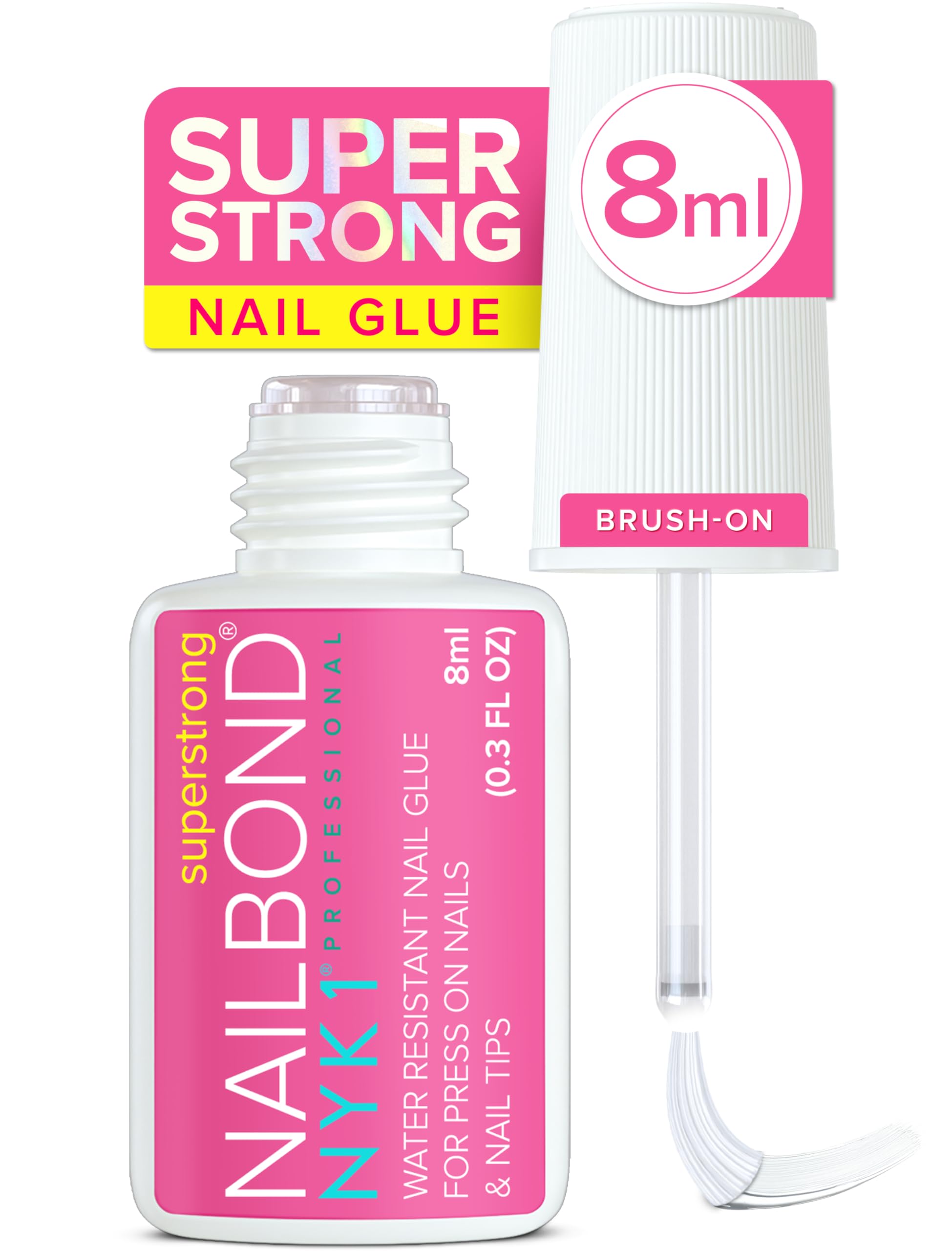 Super Strong Nail Glue for Press On Nails, Nail Tips & Acrylic Nails (8ml) NYK1 NailBond Brush On Glue for Press Ons, Fake Nails Tips & Acrylics - Long Lasting, Maximum Strength, Mess-Free Application